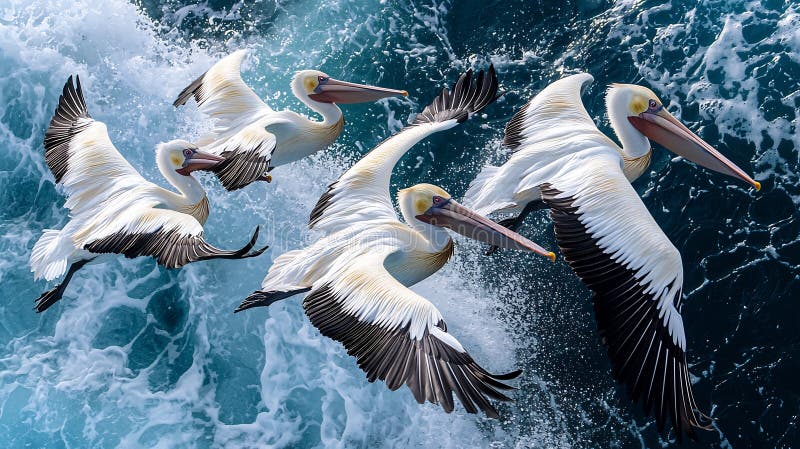 Pelicans Skim the Ocean, Synchronized Wings Creating Ripples Below ...
