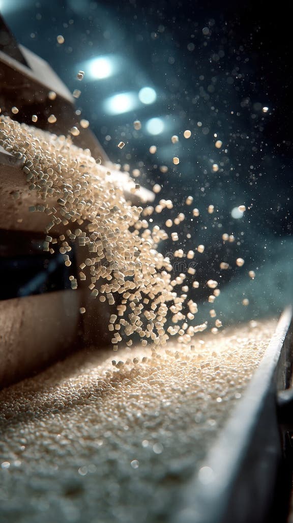 Pellets Falling from Conveyor Belt in Industrial Processing Facility ...