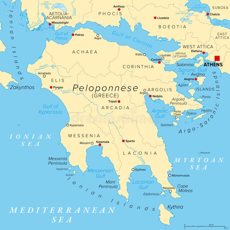 Peloponnese, Greek Peninsula and Geographic Region, Political Map Stock ...