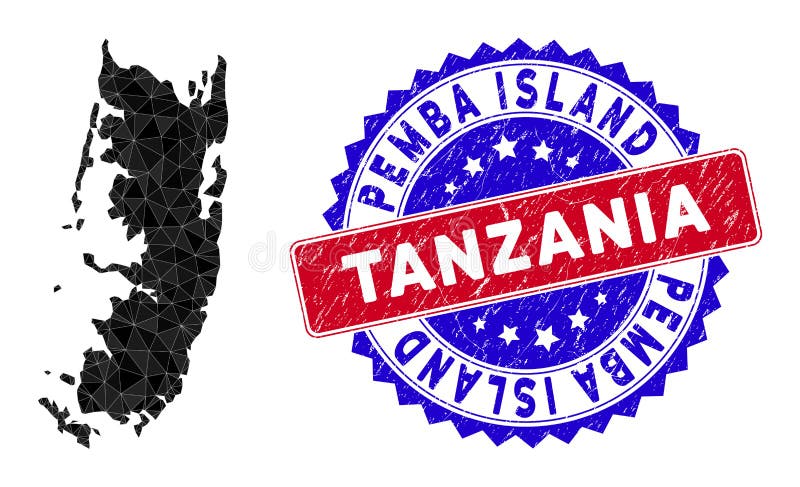 Pemba Island Map Polygonal Mesh and Scratched Bicolor Stamp Seal Stock ...