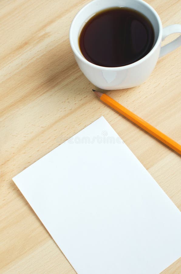 Pen, Blank Paper on Board and Cup of Coffe Stock Photo - Image of note ...