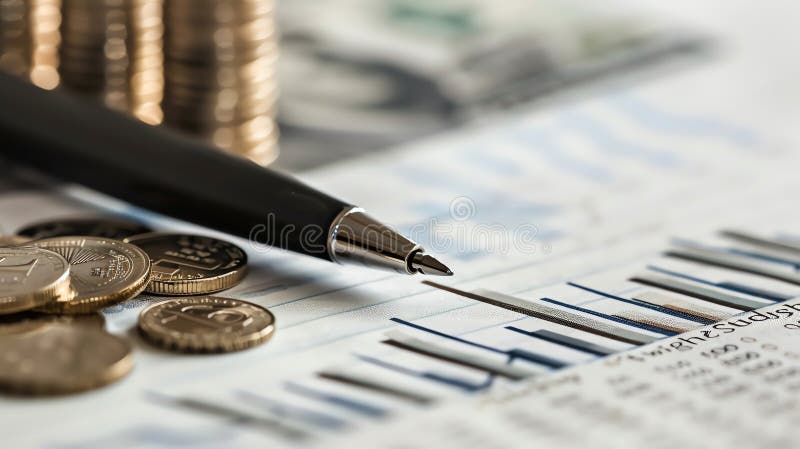A Pen and Coin Over at Data Statistic Paper Stock Image - Image of ...