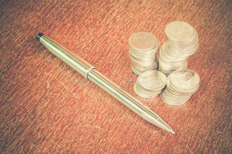 Pen and coins stock photo. Image of thai, wage, retro - 61008766