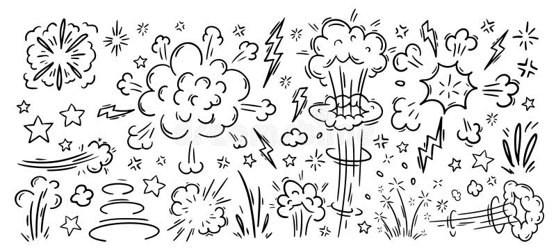 Pen Comic Boom Explosion Vector Set. Chalk Scribble Crayon Graffiti ...