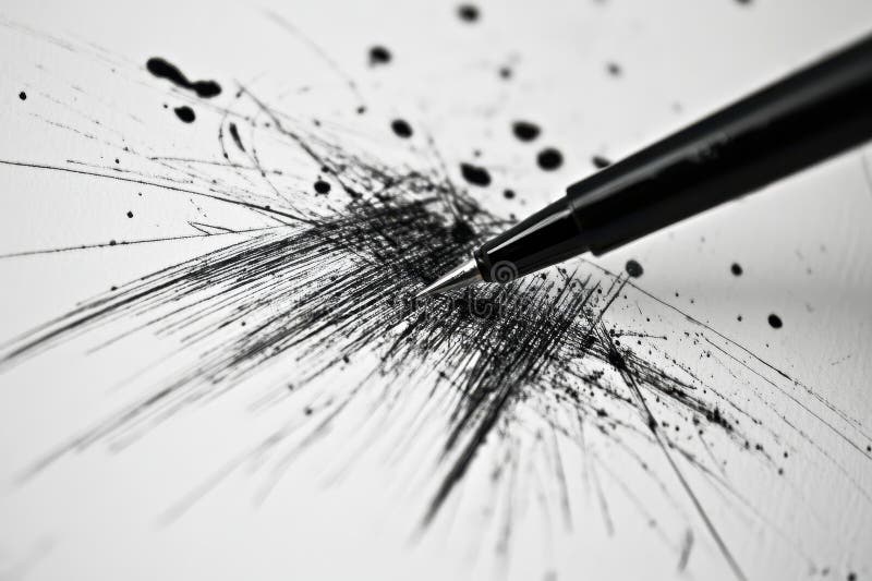 A Pen Creating Black Lines and Splatters on White Paper Stock ...