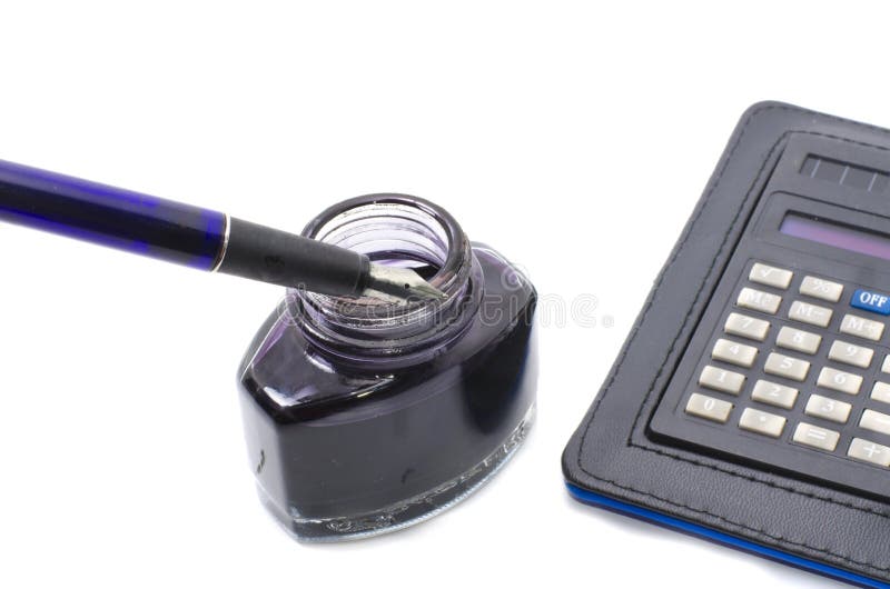 Pen Deep into Ink and Calculator Isolated Stock Image - Image of list ...