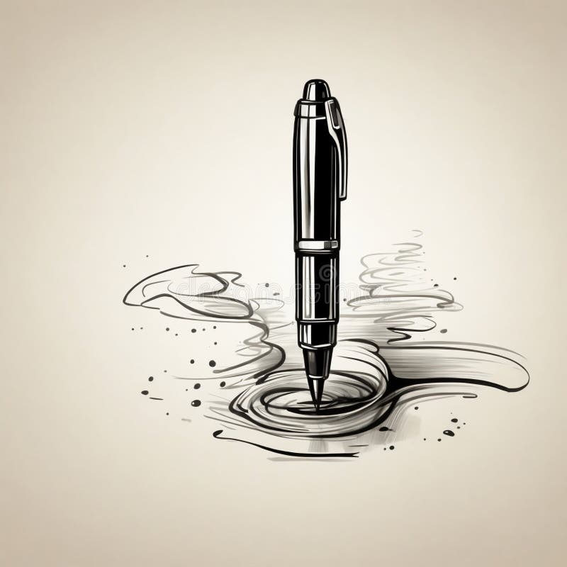 A Pen is Depicted Standing Vertically with a Few Lines Beneath it ...