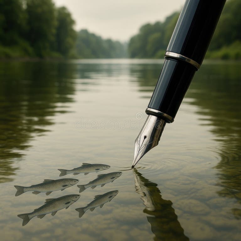 Pen-pen Drawing Fish in the River Against the Background of the Forest ...