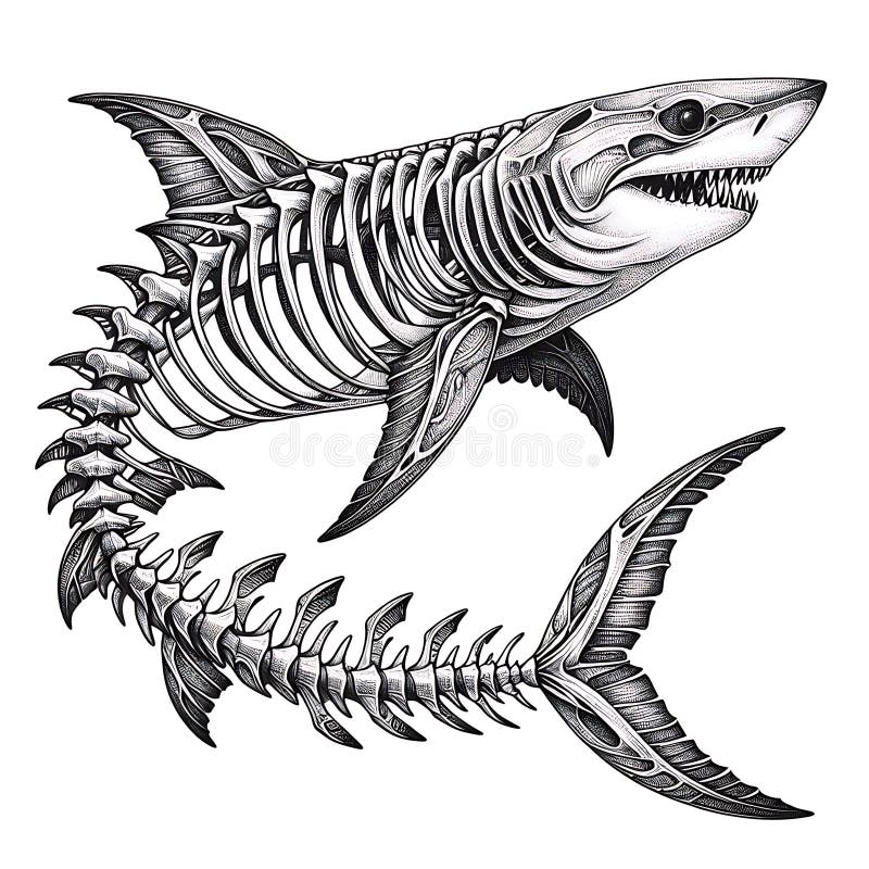 Pen Drawing of Skeletal Shark Tattoo. Stock Illustration - Illustration ...