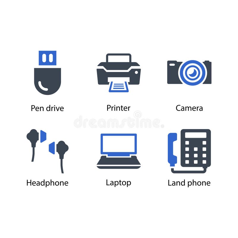 Pen Drive, Printer, Camera, Headphone, Laptop, Land Phone, Icon Stock ...