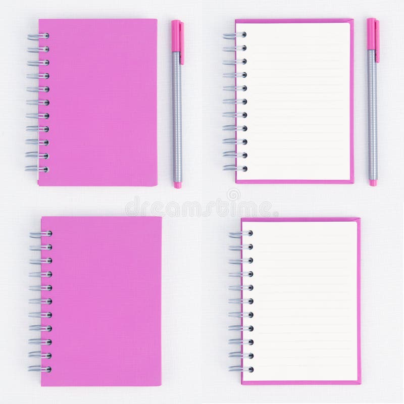 4 Pen and Face Purple Notebook on Tablecloth Stock Image - Image of ...