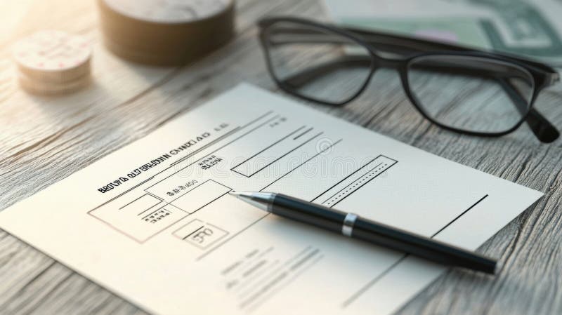 A Pen and Glasses on a Table with a Checkbook Stock Illustration - Illustration of paper ...