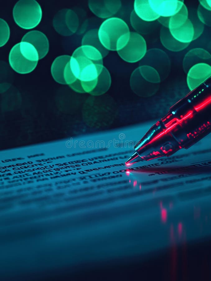 A Pen Hovers Over a Contract Ready To Be Signed Illuminated by a Red ...
