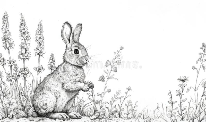Pen and Ink Drawing of a Curious Bunny Exploring a Flower-filled Meadow ...