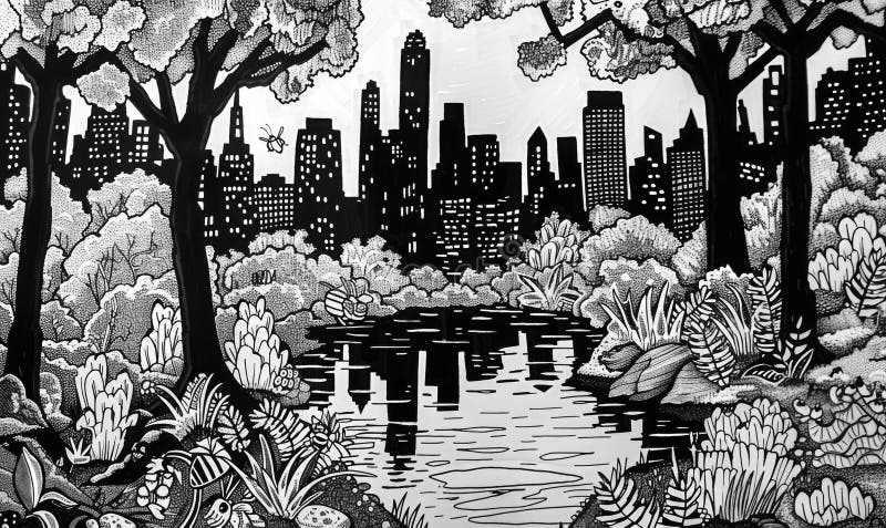Pen and Ink Drawing Illustration of Park in the Big City Stock Image ...