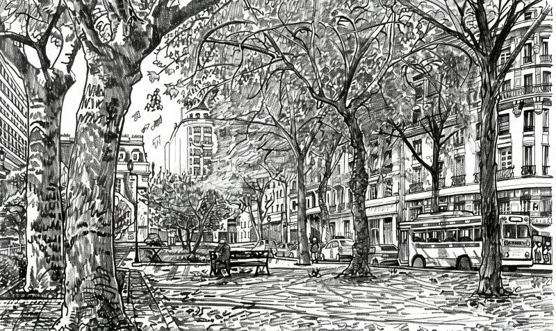 Pen and Ink Drawing Illustration of Park in the Big City Stock Image ...
