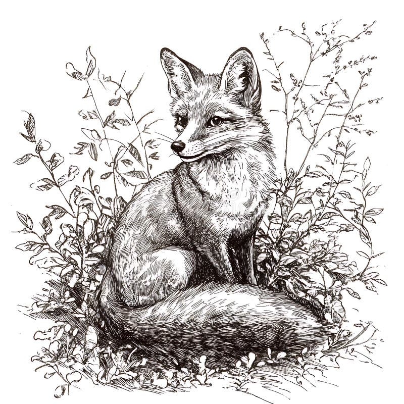 Pen-and-ink Drawing of a Red Fox Sitting Amidst Foliage Ink Sketch ...