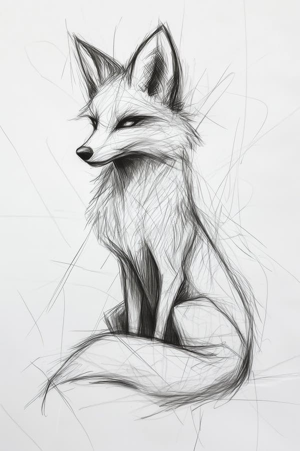 Pen and Ink Sketch of Sitting Fox on White Background Stock ...