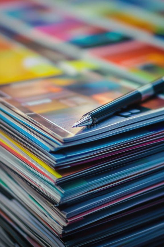 Pen on magazine stack stock photo. Image of inspiration - 385220172