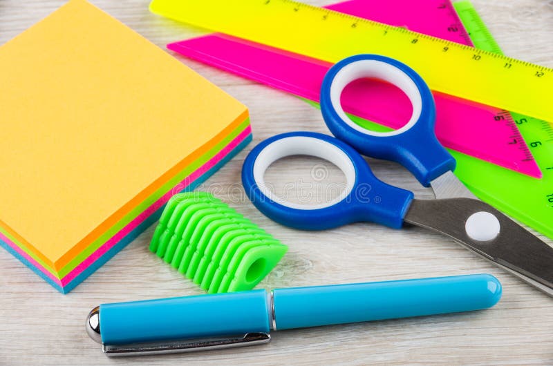 Pen and Miscellaneous Stationery Tools on Table Stock Image - Image of ...