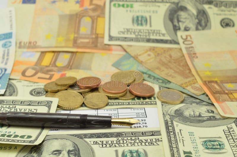 Pen, money and documents stock image. Image of euro, coins - 30674283
