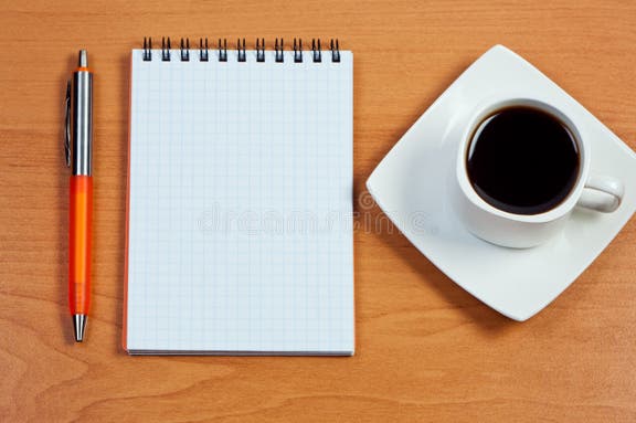 Pen, Notebook and Cup Coffee on Table. Stock Image - Image of paperwork ...
