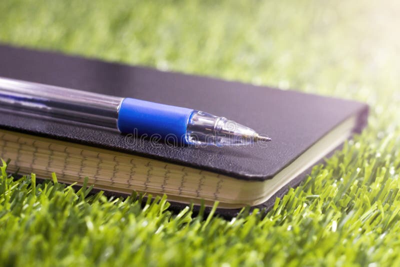 Pen and Notebook on the Grass Stock Photo - Image of pencil, blue ...