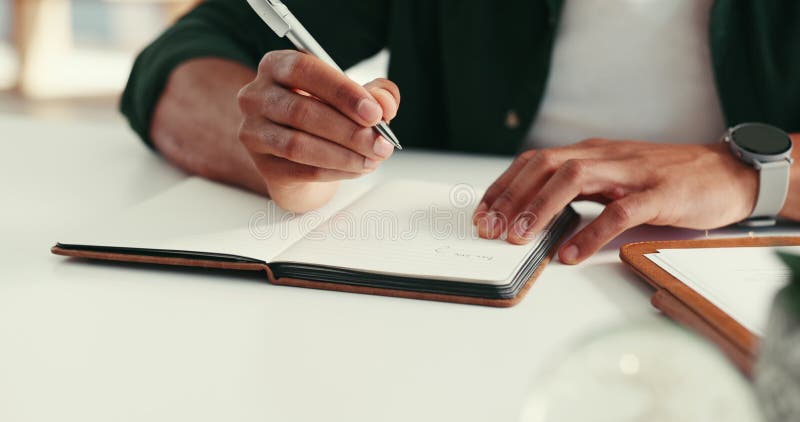 Pen, Notebook and Hands of Person in Office with Research ...