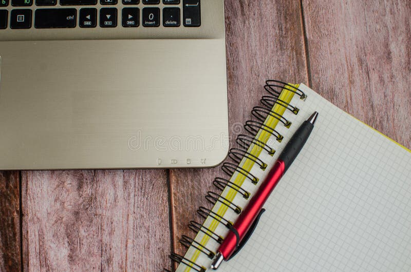 Pen and Notebook on Laptop. Copy Space Stock Image - Image of board ...