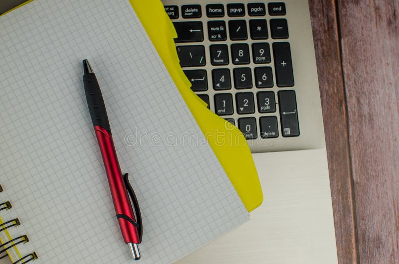 Pen and Notebook on Laptop. Copy Space Stock Photo - Image of office ...