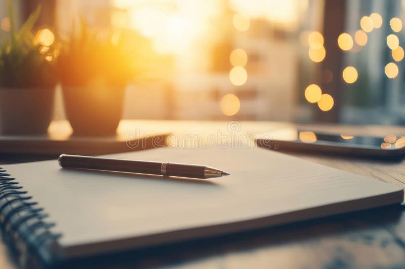 Pen and Notepad on Desk in Sunlight and Creative Workspace Themes with ...