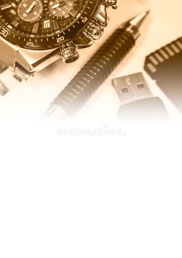 Pen, Notepad, Memory Stick, Memory Card and Men`s Watch on Table Stock ...