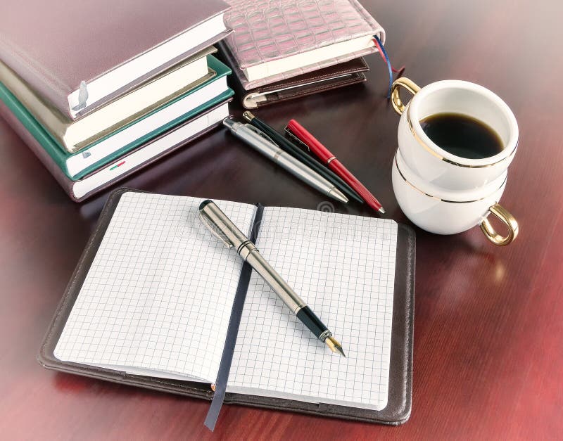 Pen, Open Notebook, Coffee Cup, Vintage Stock Image - Image of indoors ...