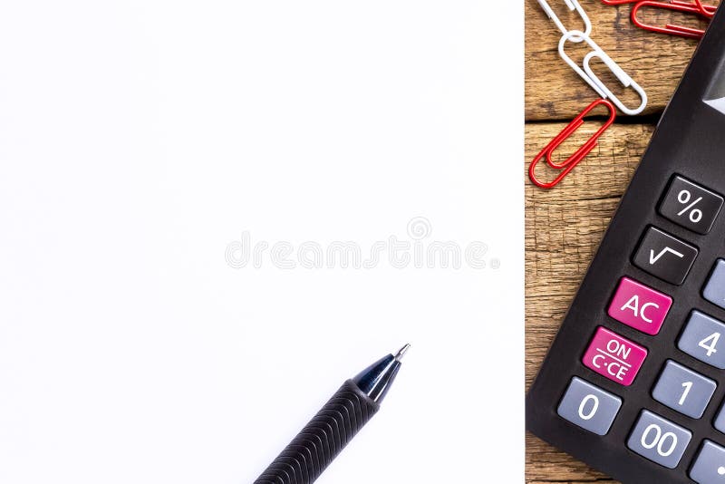Pen, Paper Clip, Calculator and Notebook on Wooden Table. Stock Image ...