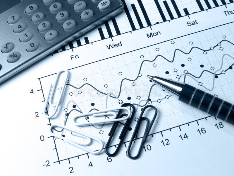 Pen, Paper-clipses and Calculator (in Blue) Stock Photo - Image of ...