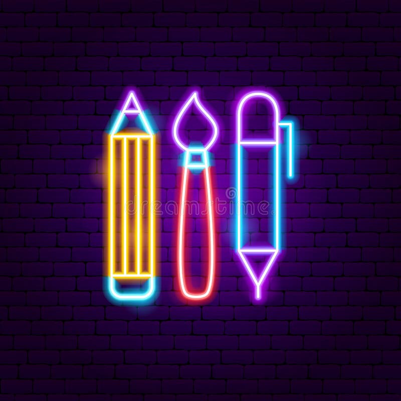 Pen Pencil Brush Neon Sign stock vector. Illustration of graphic ...
