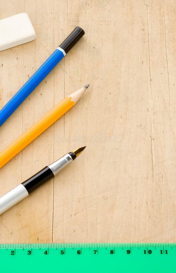 Pen, pencil and ruler stock image. Image of full, steel - 21422047