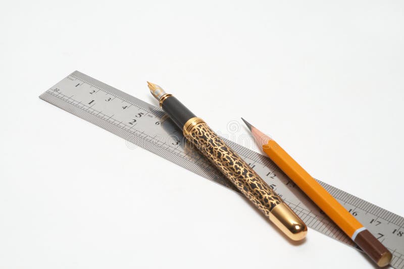 Pen and Pencil on Steel Ruler Stock Photo - Image of draw, cutout: 11711160