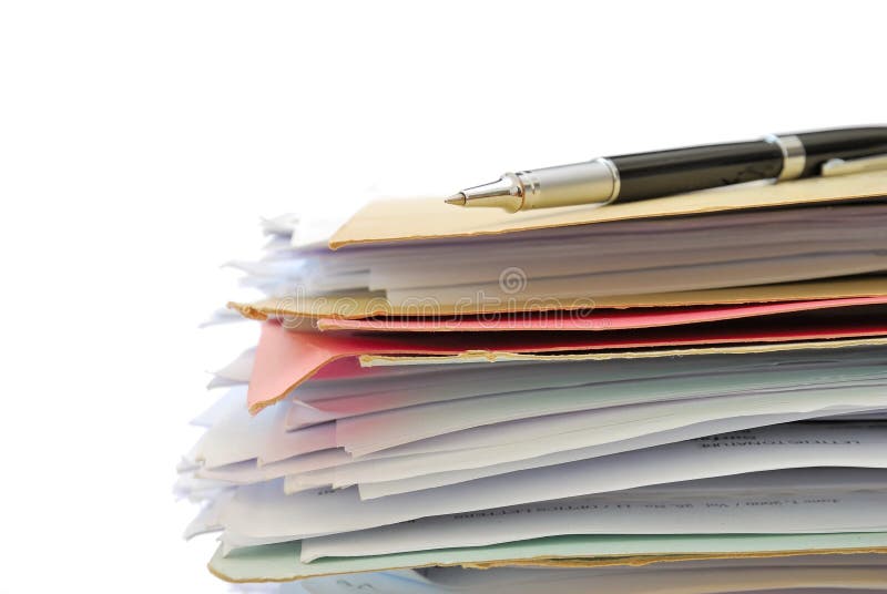 Pen on Pile of Files on White Background Stock Photo - Image of ...