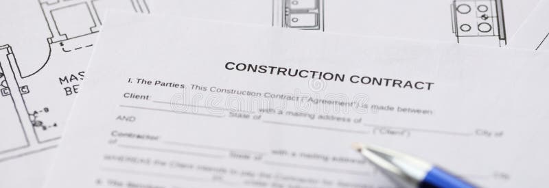 Pen on Residential Construction Agreement and Planning Blueprints of ...