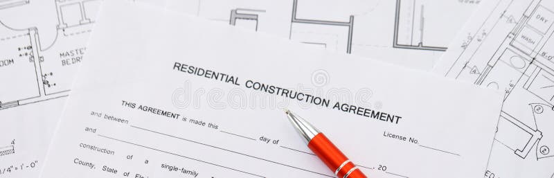 Pen on Residential Construction Agreement and Planning Blueprints of ...