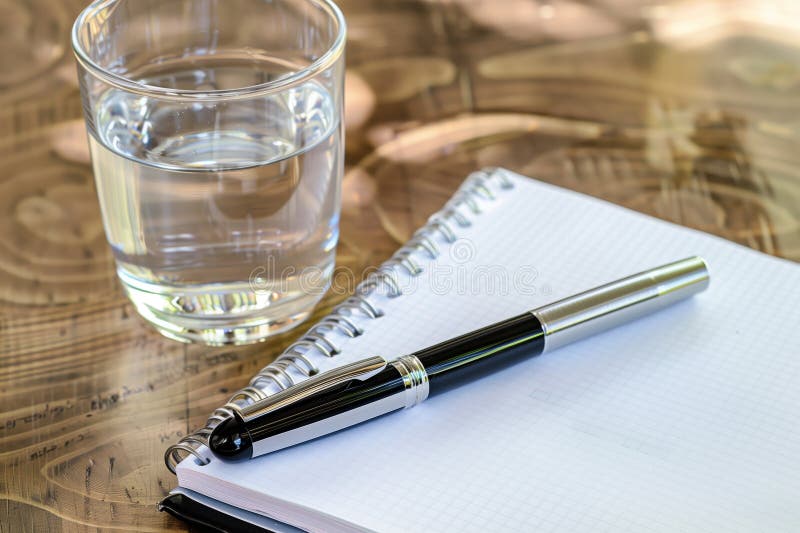 A Pen Resting on a Blank Notepad with a Glass of Water beside it Stock ...