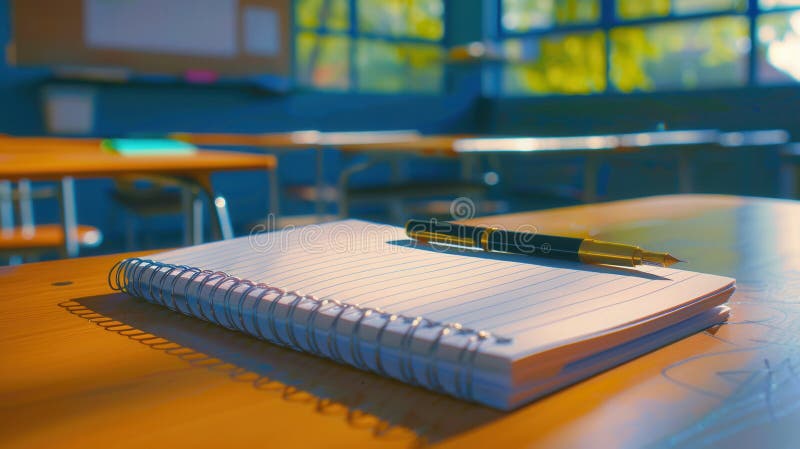 Classroom Desk with Open Notebook and Pen during a Sunny Afternoon ...