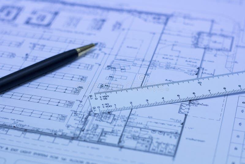 Pen, Scale Ruler and Blueprint Stock Image - Image of background ...