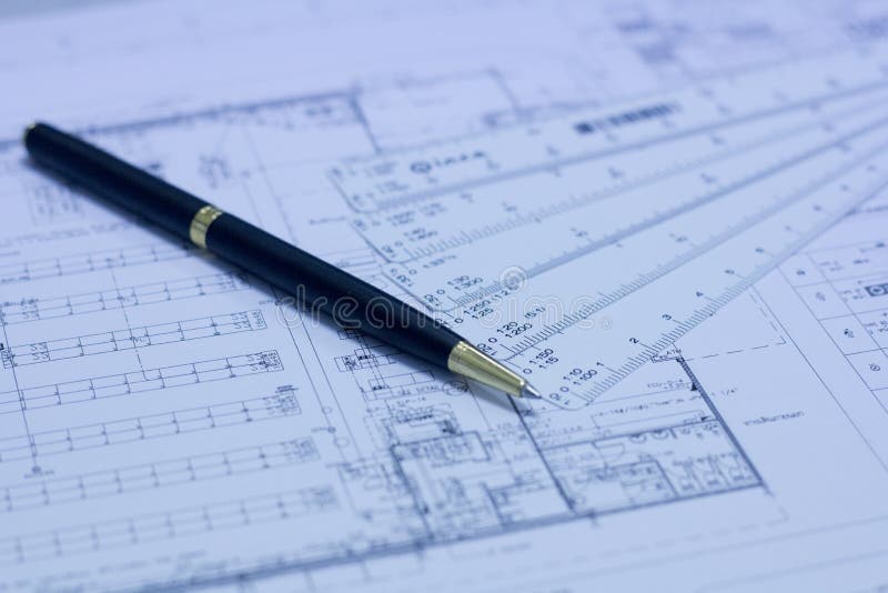 Pen, Scale Ruler and Blueprint Stock Image - Image of background ...