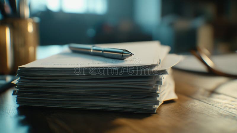 A Pen Sits on Top of a Stack of Papers, Ready for Use Stock Image ...