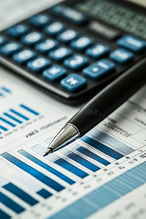 A Pen Sitting on Top of a Paper with a Calculator Stock Photo - Image ...