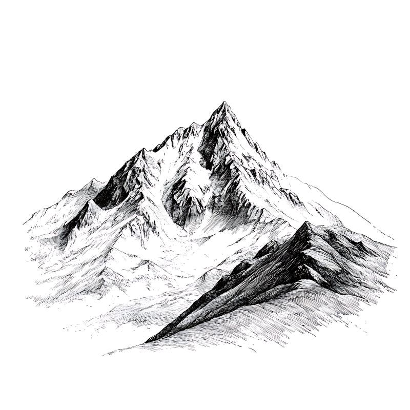 Pen Sketch of a Majestic Snow-capped Mountain Peak Stock Illustration ...