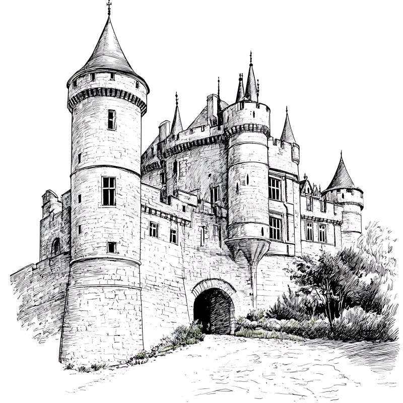 Pen Sketch of a Medieval Castle with Towers, Walls, and Gate. (1 Stock ...