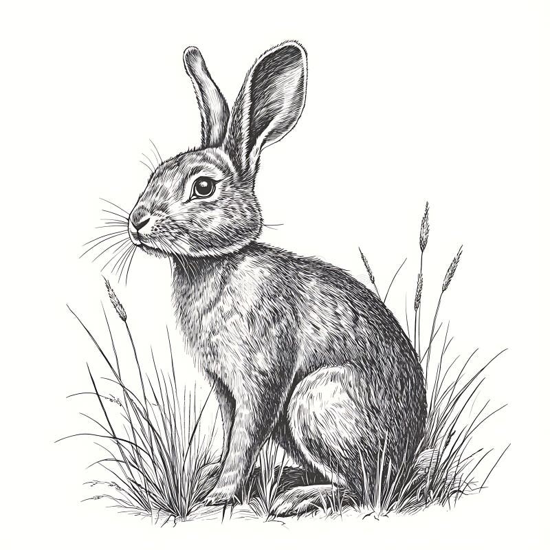 Pen Sketch of a Rabbit Sitting in Grass Stock Illustration ...